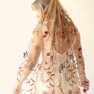 Golden Autumn Veil, Embroidered Flower Veil, Rust Terra-cotta, Floral ...