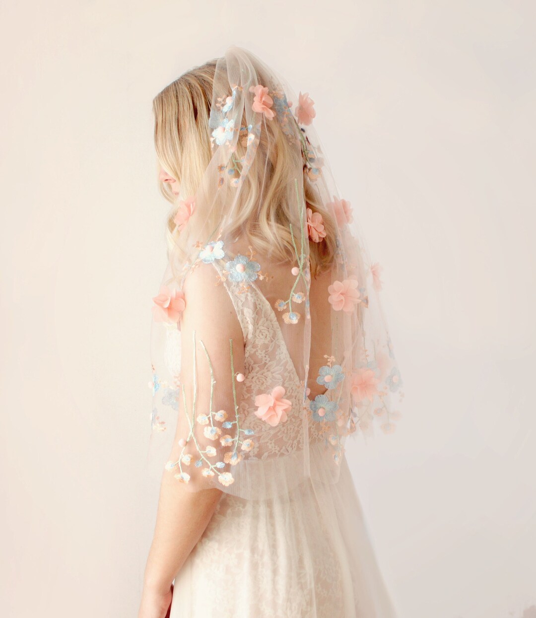 Flower Pop Veil Unique Pink Flower Veil Embroidered Flower - Etsy