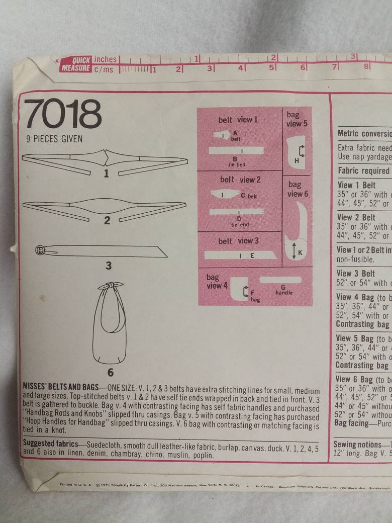 Vintage 1970s Purse or Bag and Belt Pattern Simplicity 7018 One Size - Etsy