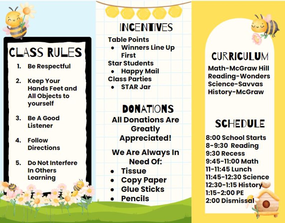 Back to School Busy Bee Theme Brochure| Open House Editable Template ...