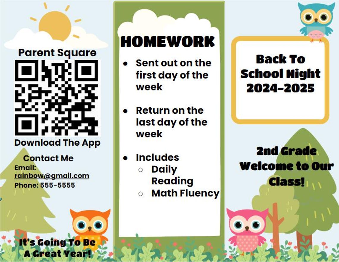 Back to School Owl Brochure Digital Download Google Slides First Day ...
