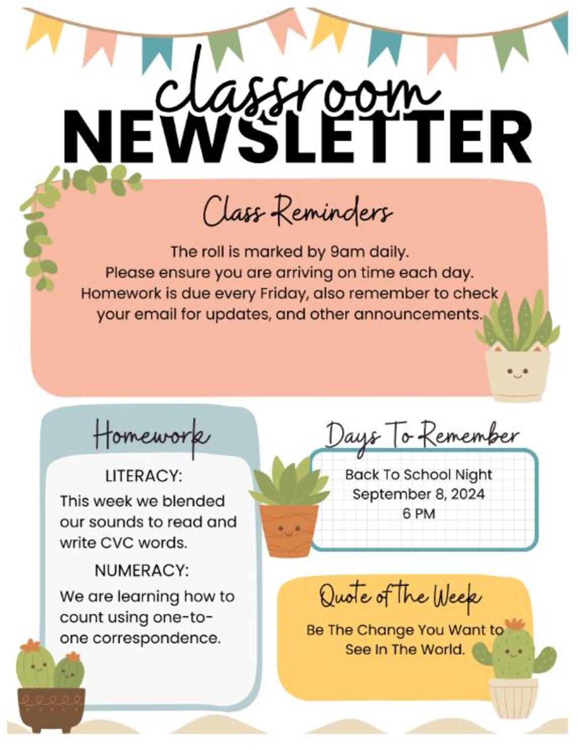 Back to School Boho Succulent Meet the Teacher and Class Newsletter ...