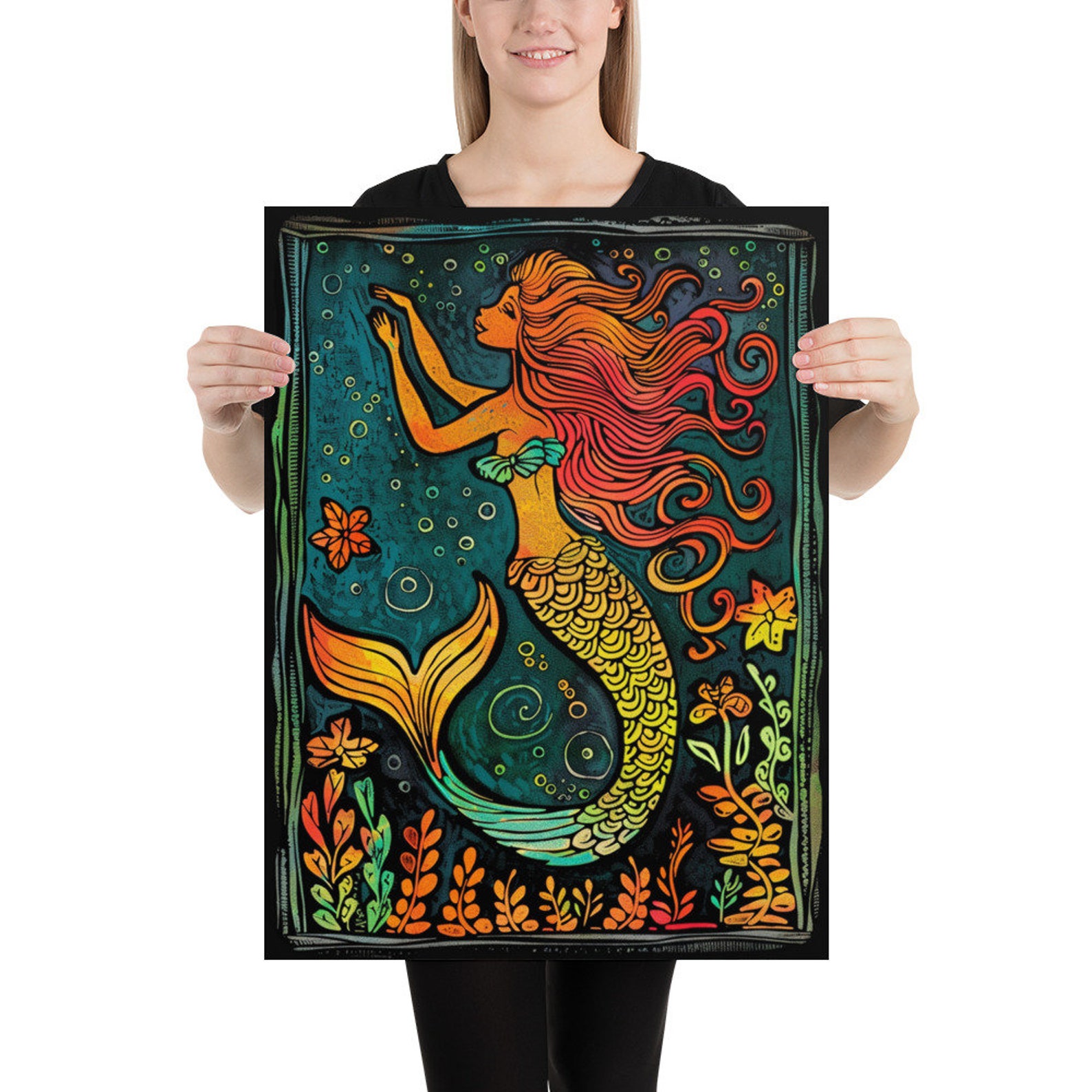 Linocut Children's Mermaid Poster - Etsy