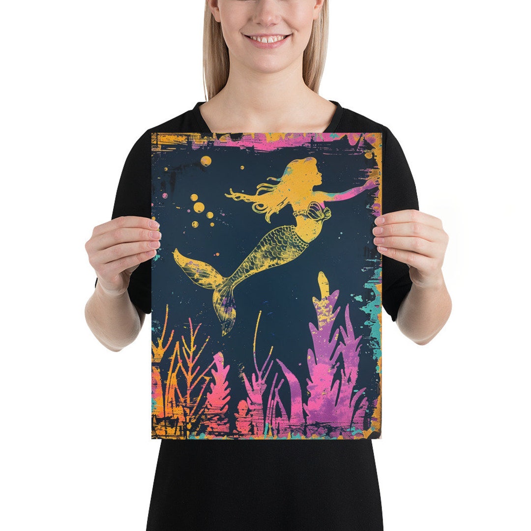 Linocut Mermaid Poster - Etsy