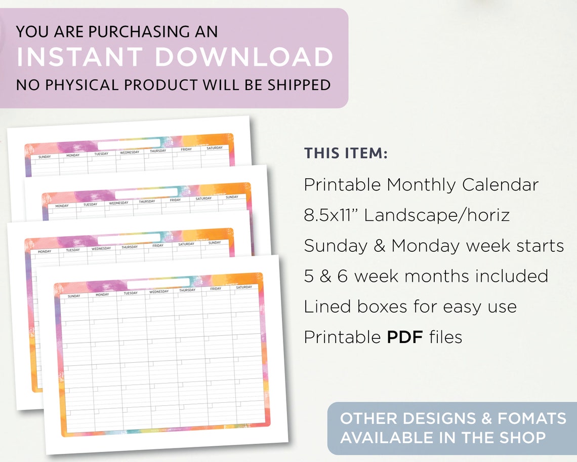 Printable Monthly Calendar - Undated Colorful Printable Calendar With ...