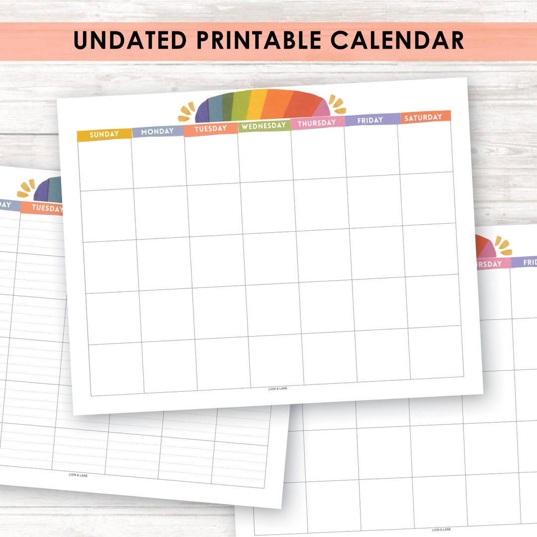 Printable UNDATED Monthly Calendar - Rainbow Collage Cut Paper - Etsy