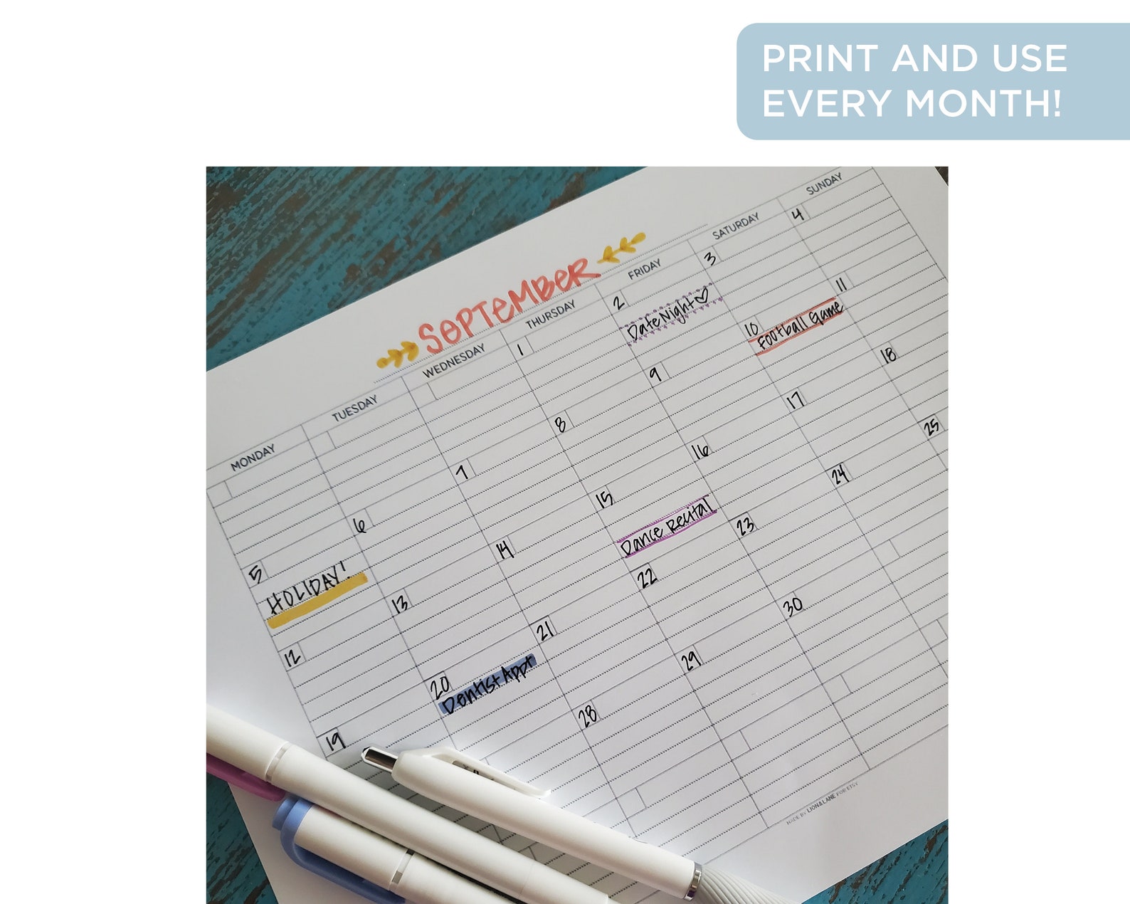 Blank Monthly Calendar - PORTRAIT Undated Printable Calendar With Lines ...