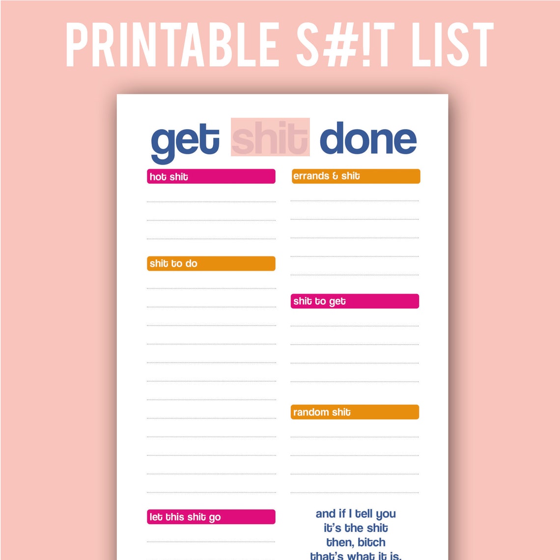 Printable to Do List - Get Shit Done - Shit List - Funny Printable 5 ...