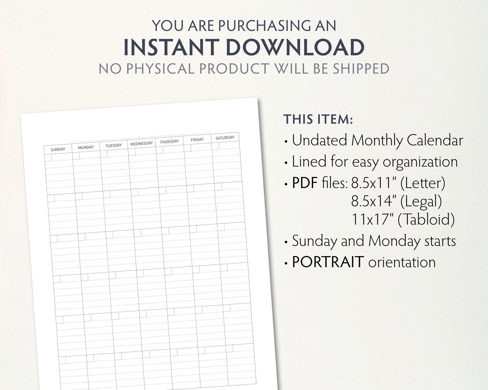 Blank Monthly Calendar - PORTRAIT Undated Printable Calendar With Lines ...
