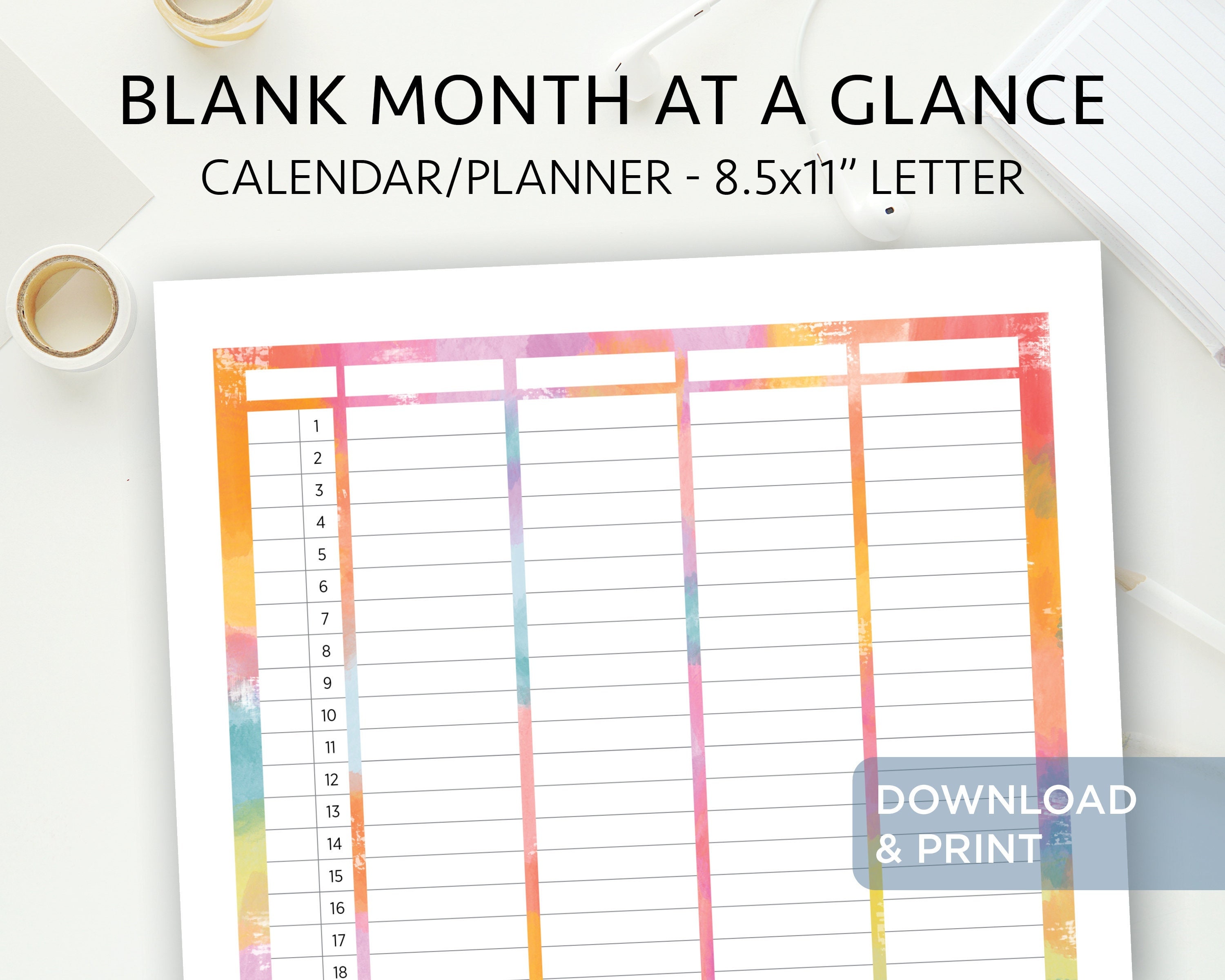 Blank Month at a Glance Calendar - 8.5x11 Printable Calendar - List ...