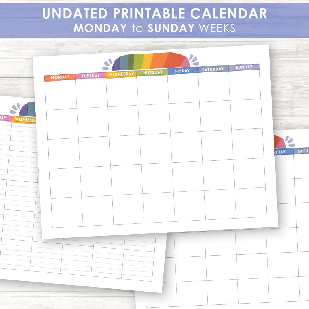 Printable Monthly Calendar - Colorful Rainbow Undated Perpetual ...