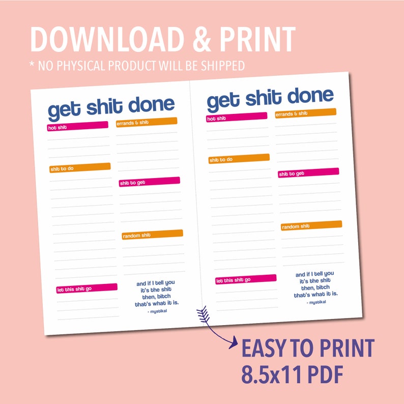 Printable to Do List - Get Shit Done - Shit List - Funny Printable 5 ...