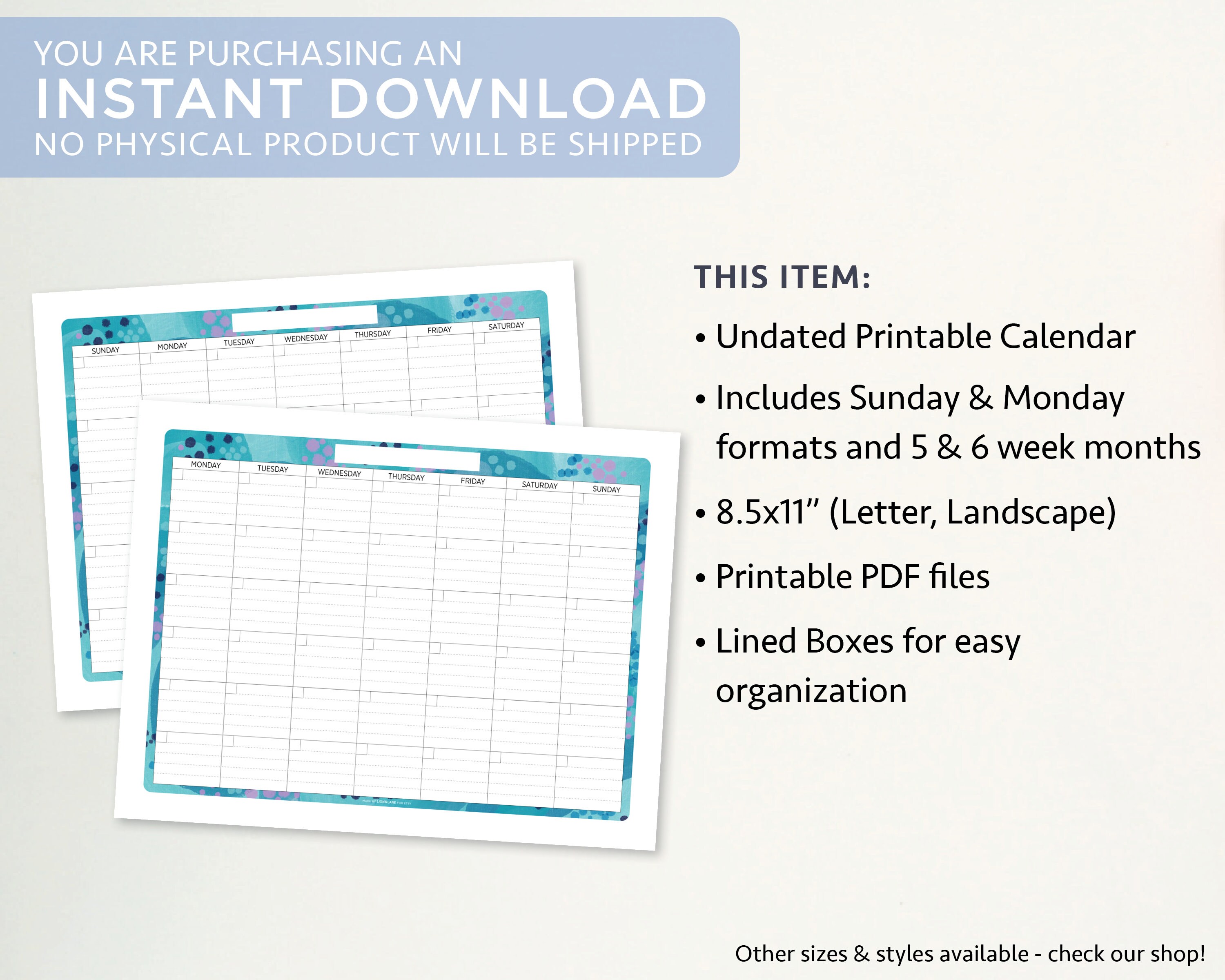 Printable Monthly Calendar - Undated Colorful Printable Calendar With ...