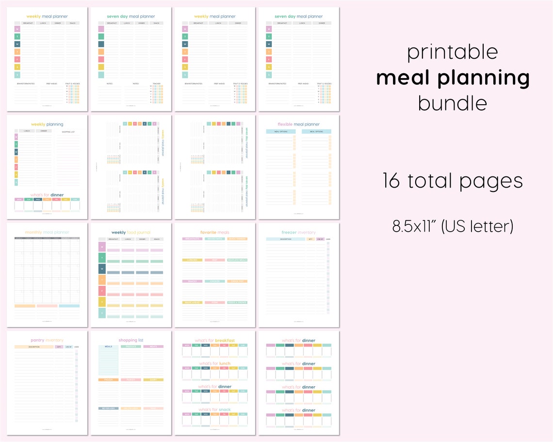 Colorful Printable Menu Planner Bundle - Weekly Meal Planner ...