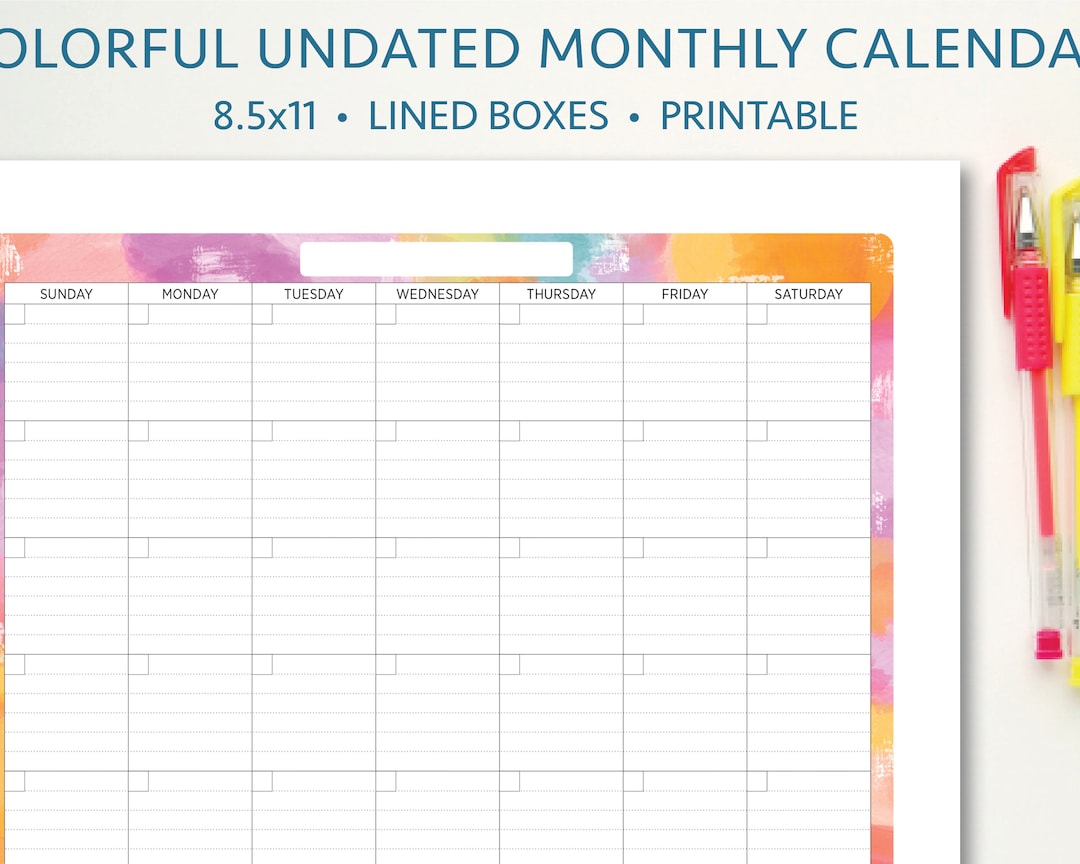 Printable Monthly Calendar - Undated Colorful Printable Calendar With ...