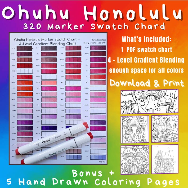 Ohuhu Honolulu Marker Swatch Chart – 4-level Gradient Blending Template ...