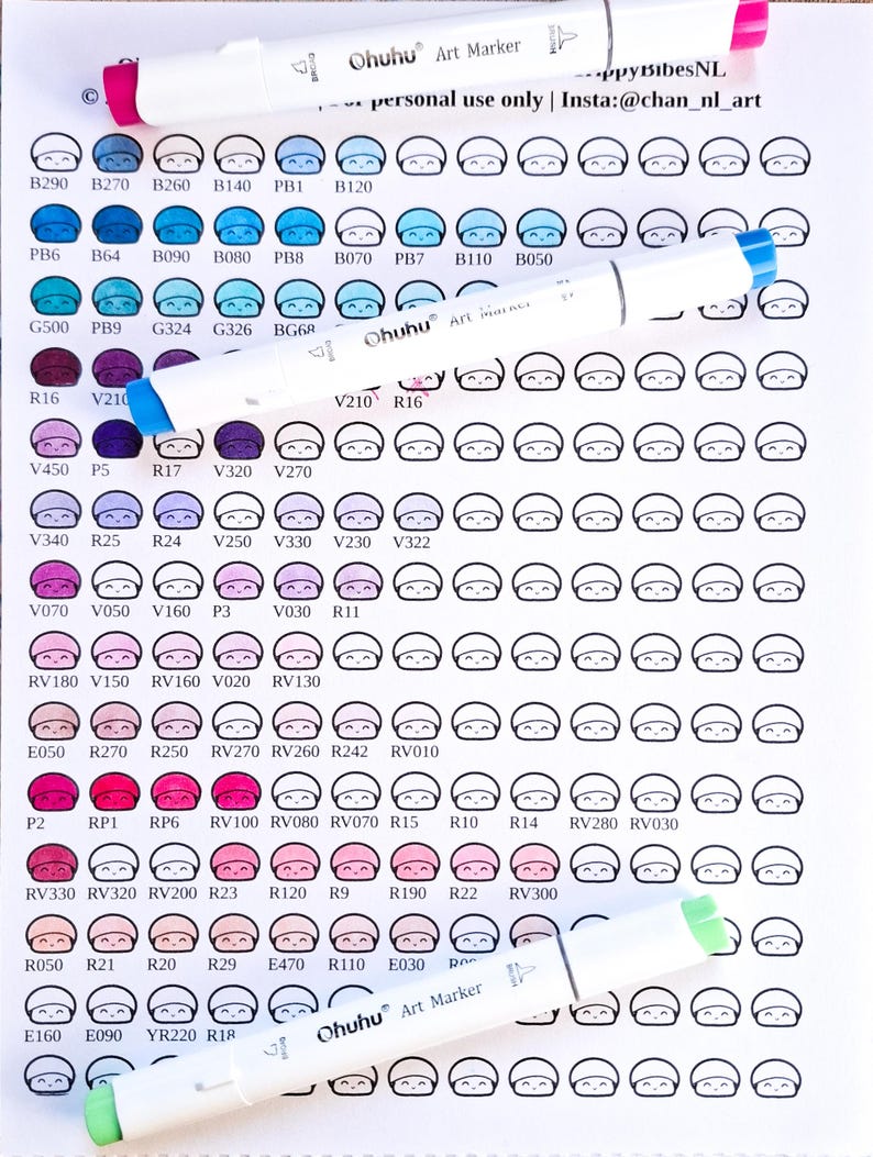 Ohuhu Honolulu 320 Marker Swatch Chart – Printable PDF | DIY Color ...