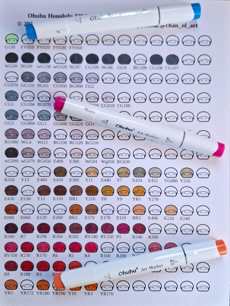 Ohuhu Honolulu 320 Marker Swatch Chart – Printable PDF | DIY Color ...