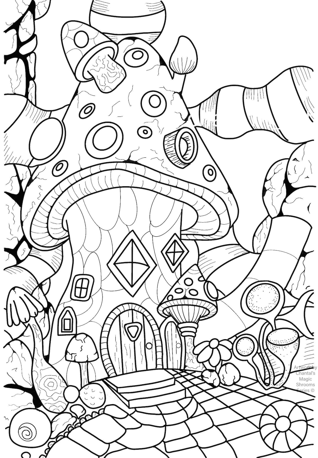 Whimsical Mushroom House Coloring Page Printable Fantasy Art for Adults ...