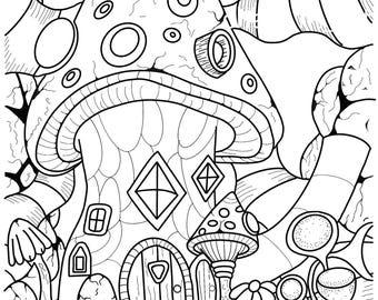 Whimsical Mushroom House Coloring Page Printable Fantasy Art for Adults ...