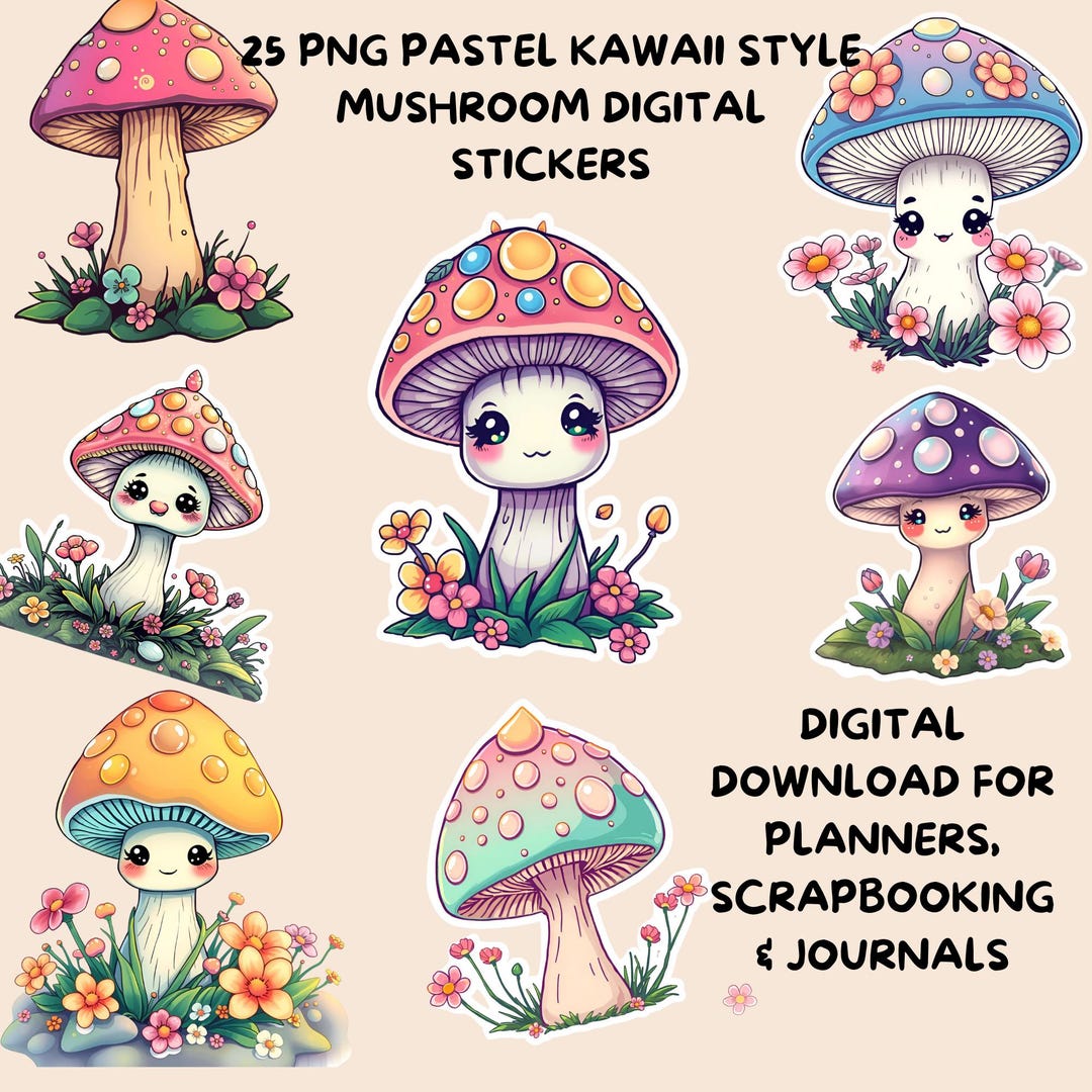 40 Pastel Kawaii Mushroom Stickers | Pastel Aesthetic | Digital ...