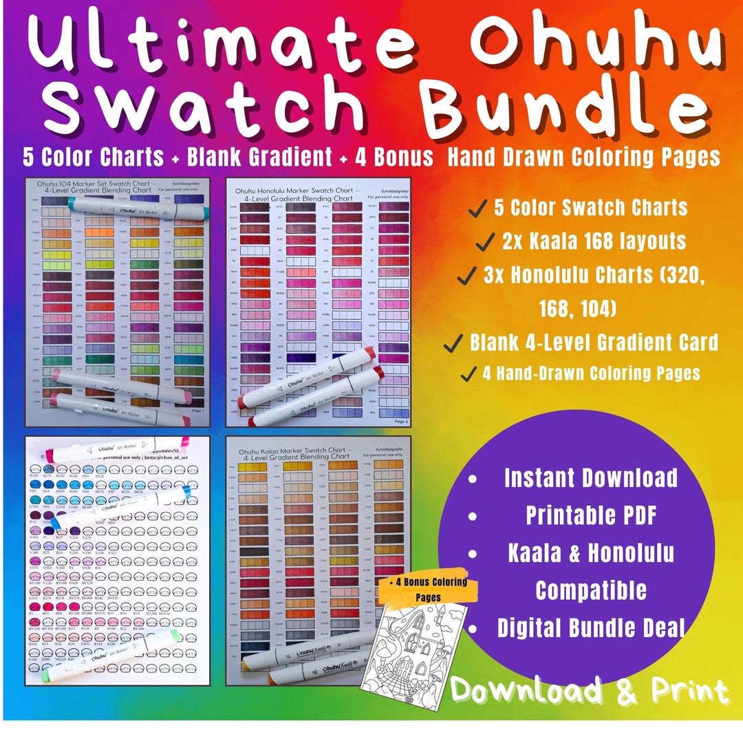 Ultimate Ohuhu Marker Swatch Bundle – 5 Charts + Gradient Card + 4 ...