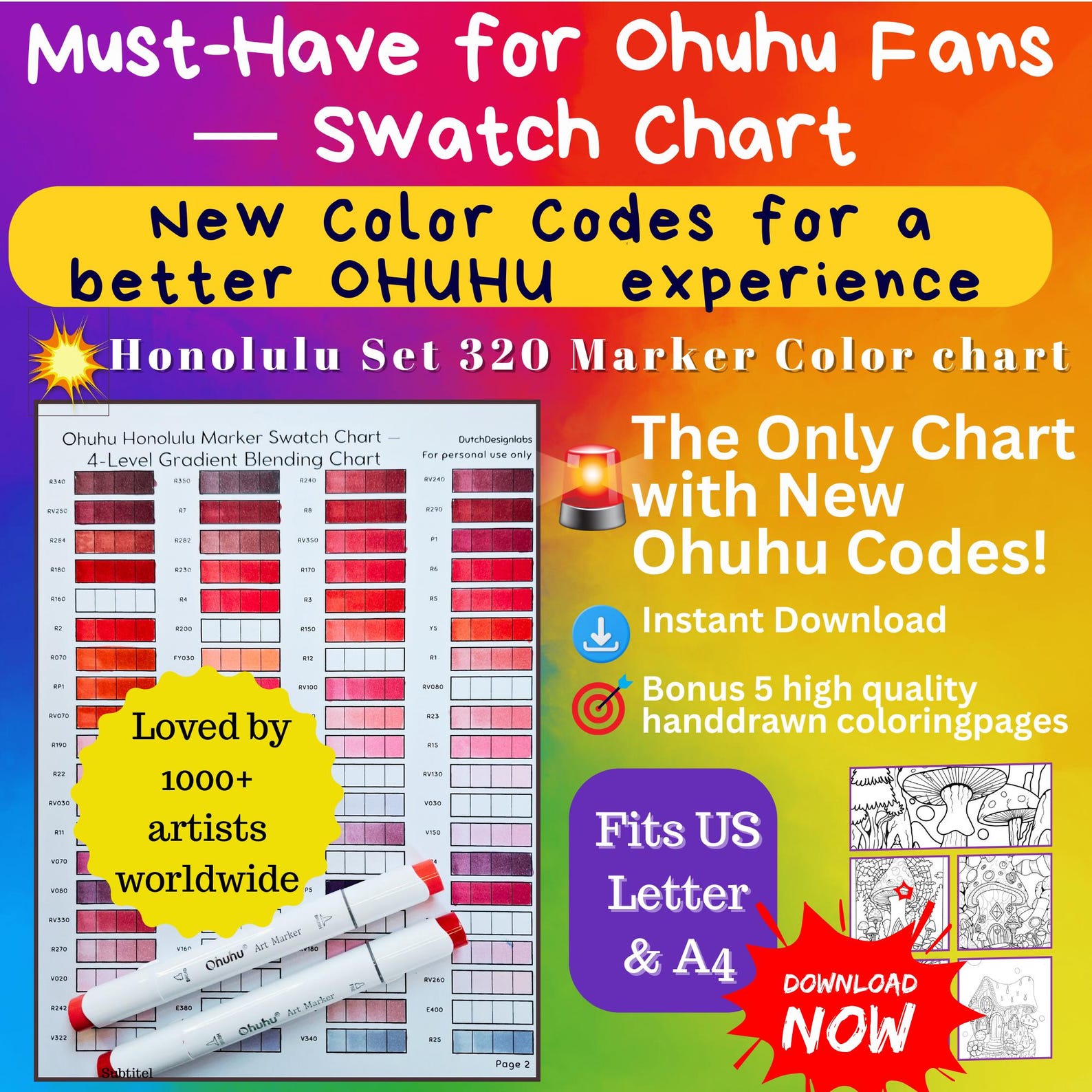 Ohuhu New Color Codes Swatch Chart – 320 Honolulu Marker Chart 2025 – 4 ...