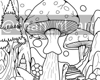 Whimsical Mushroom Forest Coloring Page Printable Coloring Sheet for ...