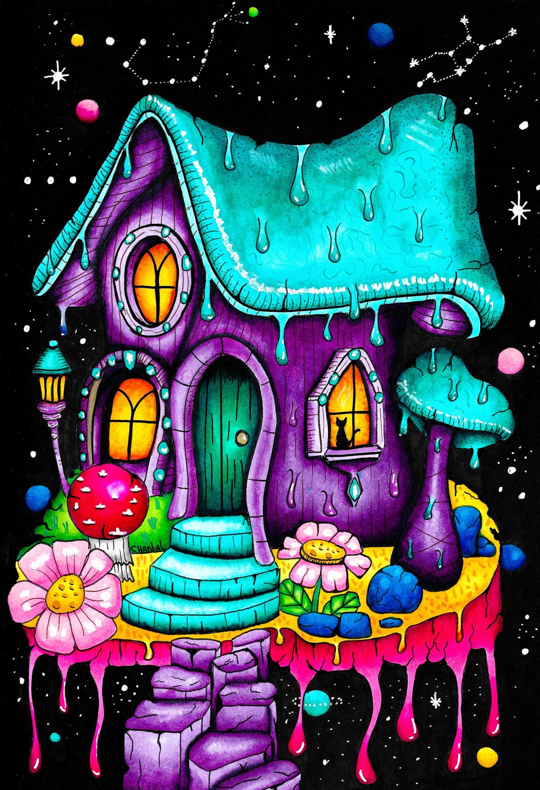 Psychedelic Mushroom Art. Whimsical Fairy Cottage Coloring Page for ...