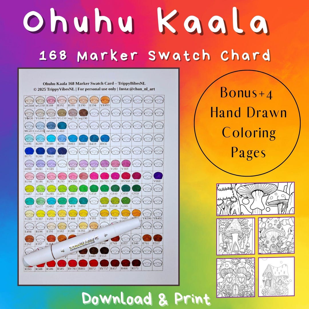 Ohuhu Kaala Marker 168 Marker DIY Swatch Chard + Hand Drawn Coloring ...