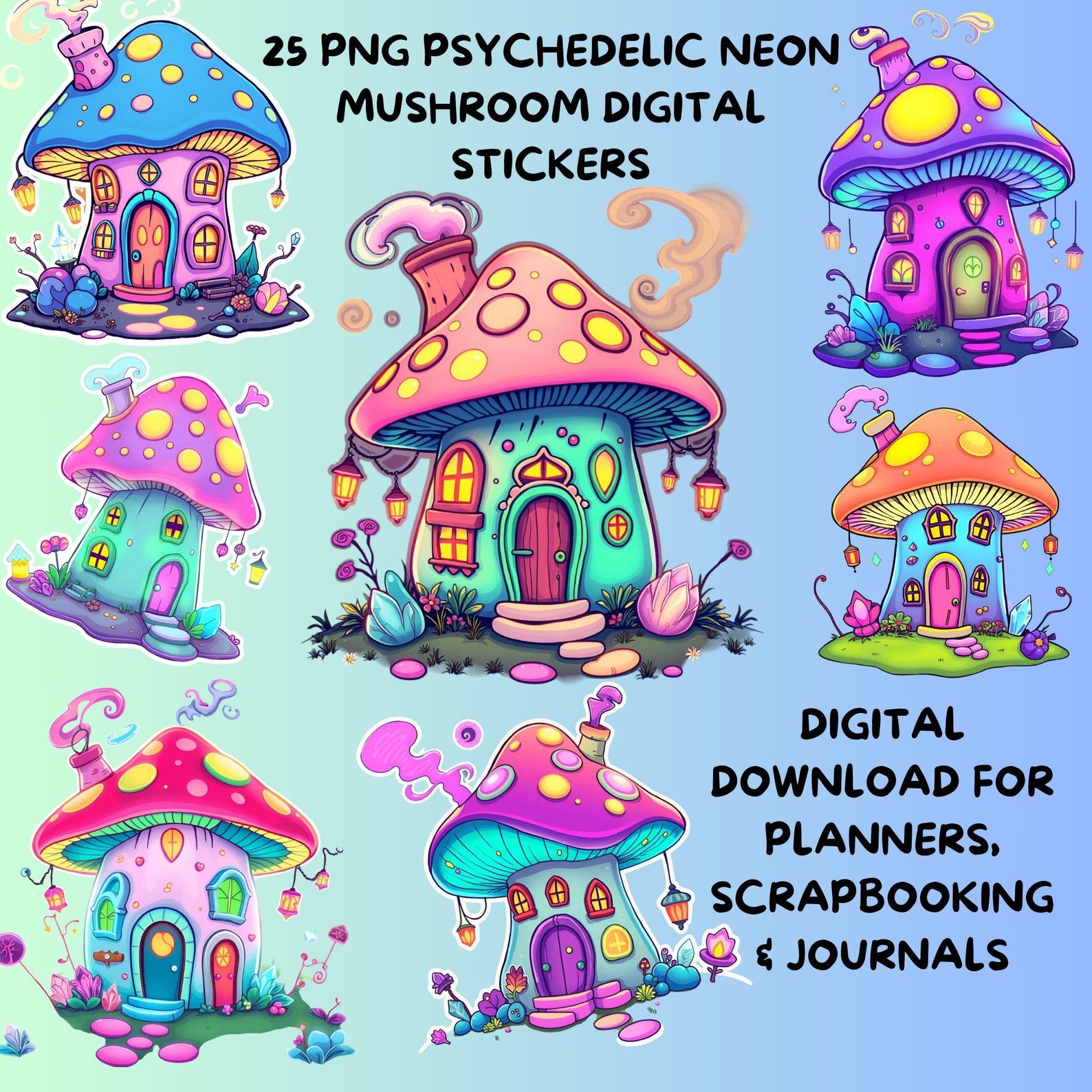 25 Trippy Mushroom House Stickers - Digital Fantasy Sticker Bundle ...