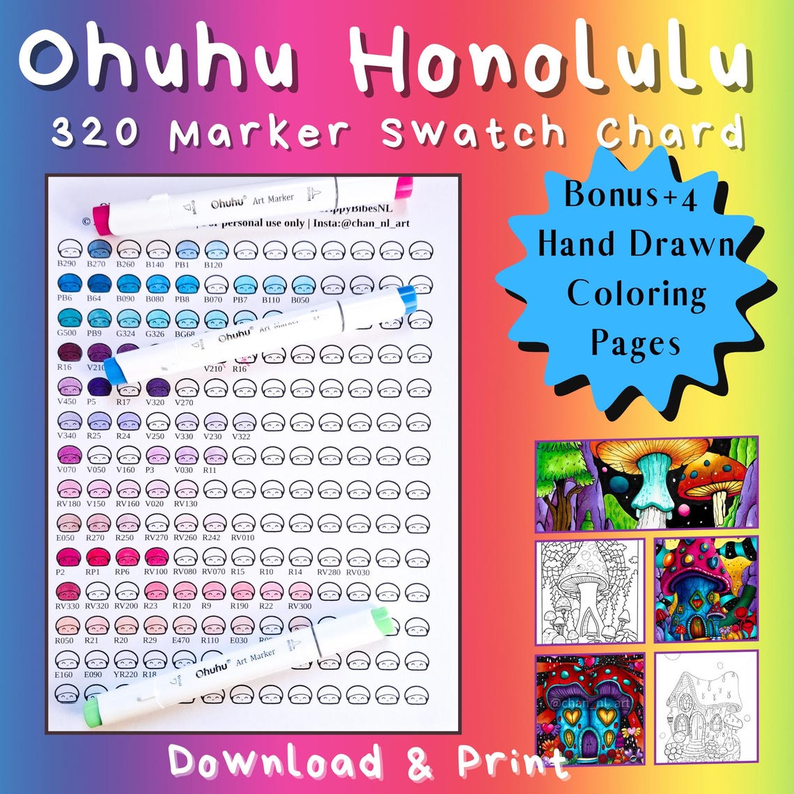 Ohuhu Honolulu 320 Marker Swatch Chart – Printable PDF | DIY Color ...