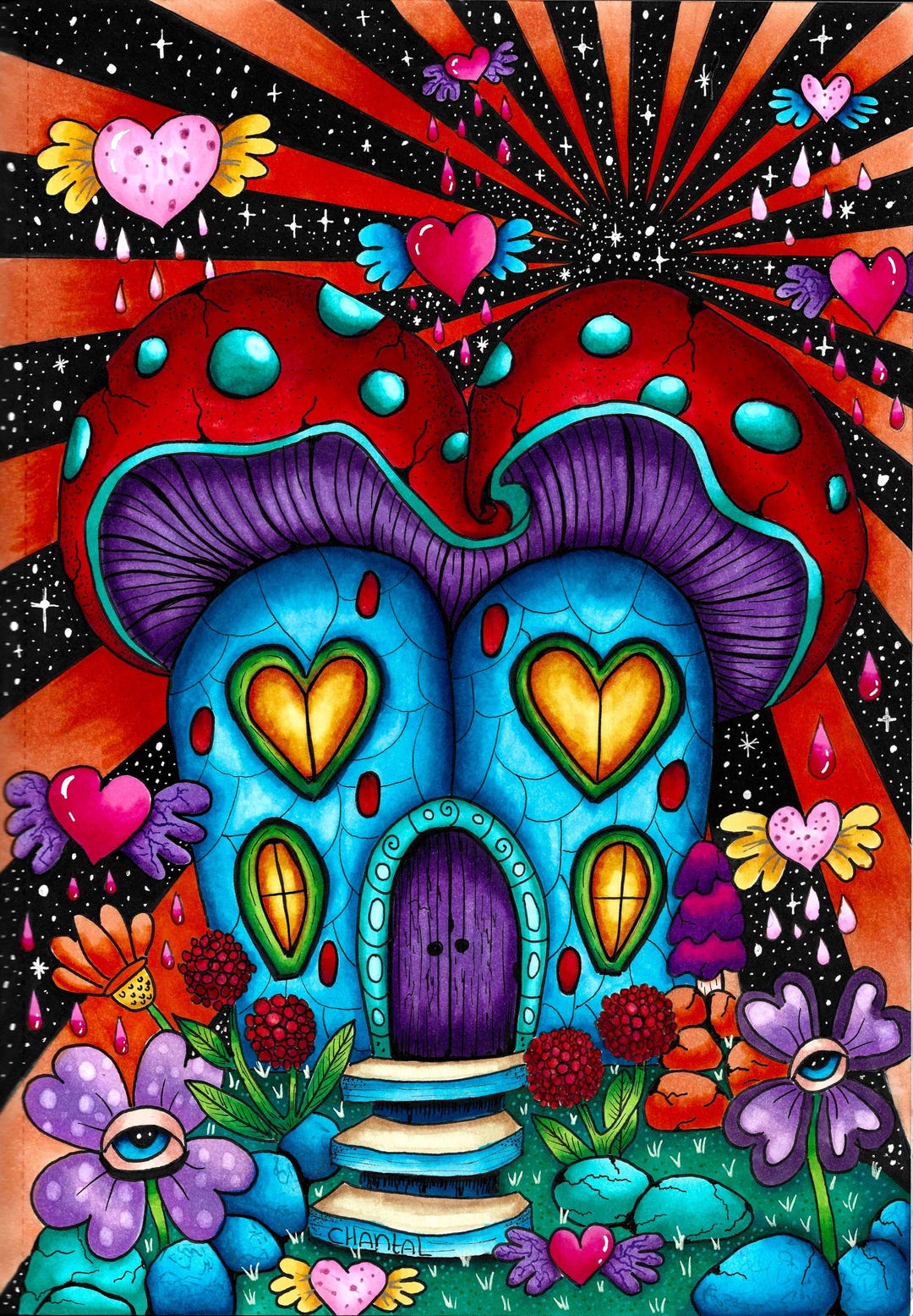 Psychedelic Mushroom Art. Whimsical Mushroom House Coloring Page ...