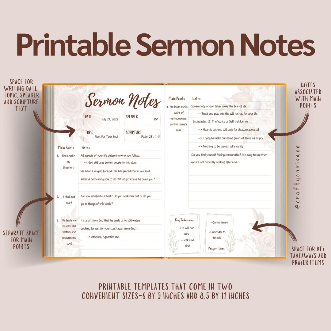 Sermon Notes Template | Digital & Printable Sermon Notes | Church Notes ...