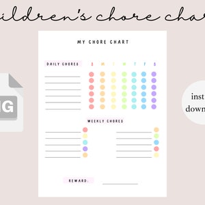 Children's Chore Chart Digital Printable PNG Editable Children's Chore ...