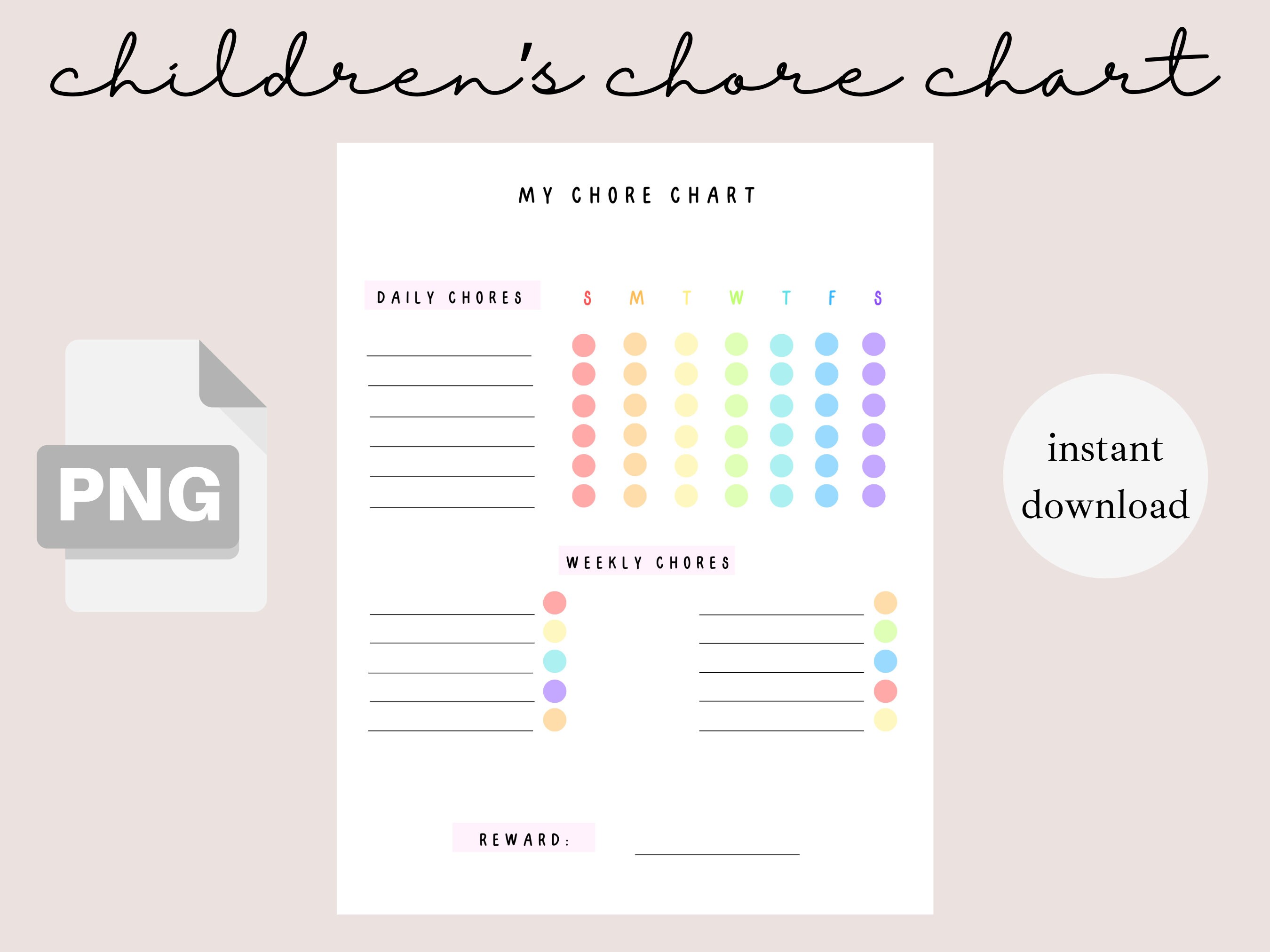 Children's Chore Chart Digital Printable PNG Editable Children's Chore ...