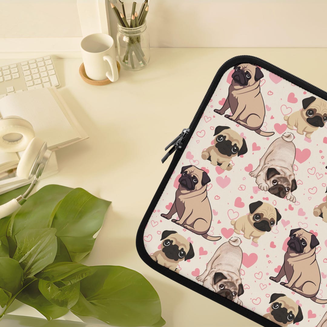 Cute Pug Laptop Sleeve With Heart Signs, Adorable Dog Sleeve, Tech Gift ...