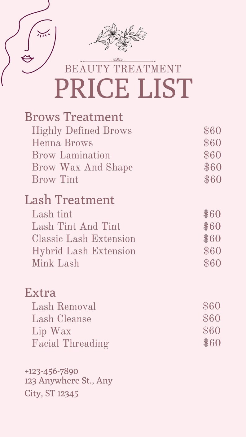 Pink Editable Price List Template, Printable Price Guide, Salon Price ...