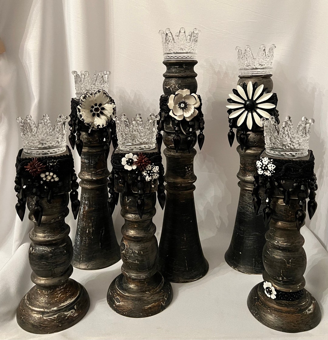 Vintage Repurposed Wooden Candle Spindles With Black & White Brooches ...