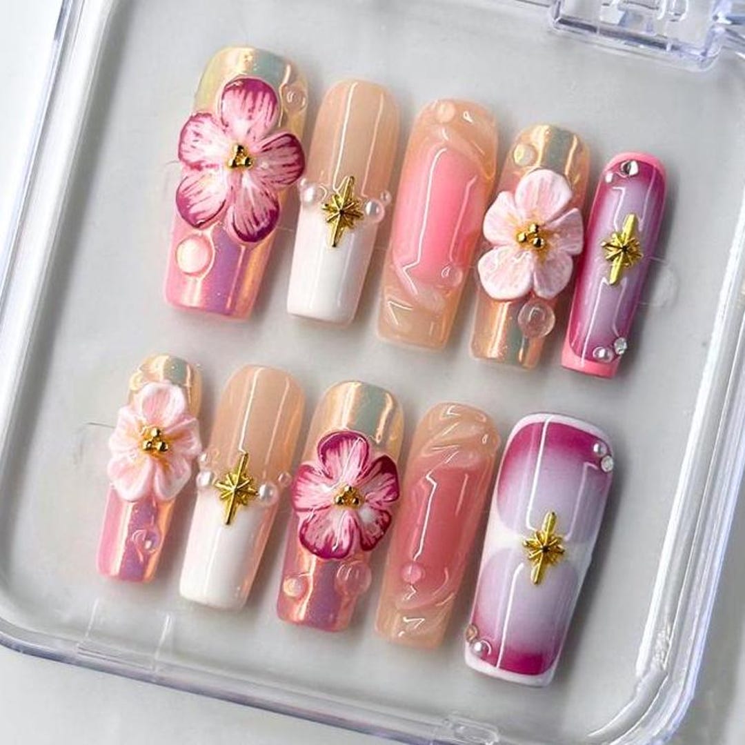 Pink Floral Press-on Nails | Romantic Spring Nail Set | Handmade Coffin ...