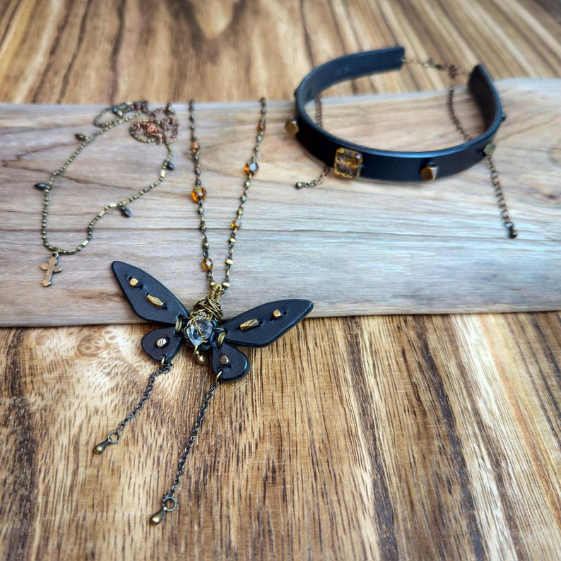 Leather Butterfly Choker Necklace: Crystal & Brass - Fairy Goth Jewelry ...