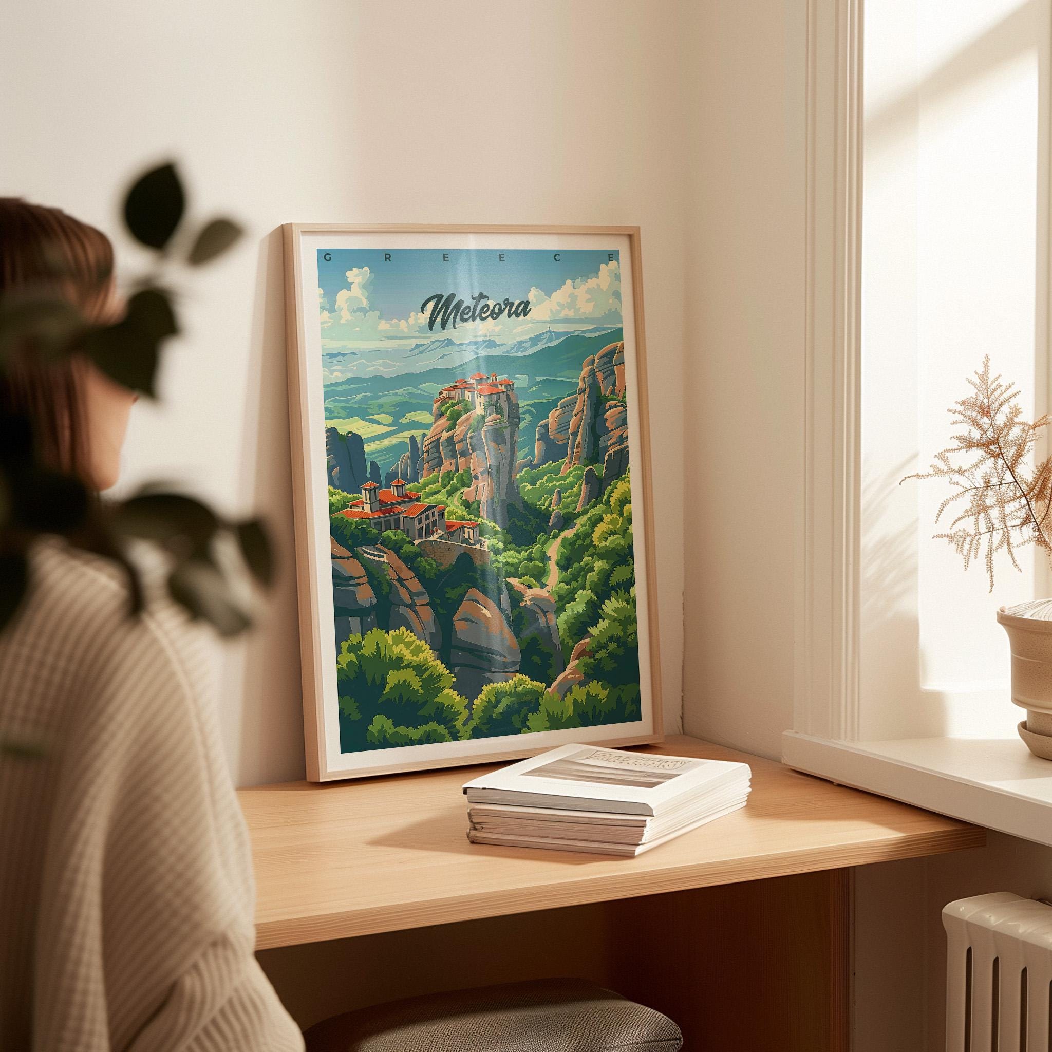 Meteora Travel Poster Greece Wall Art Print, Illustration Poster ...