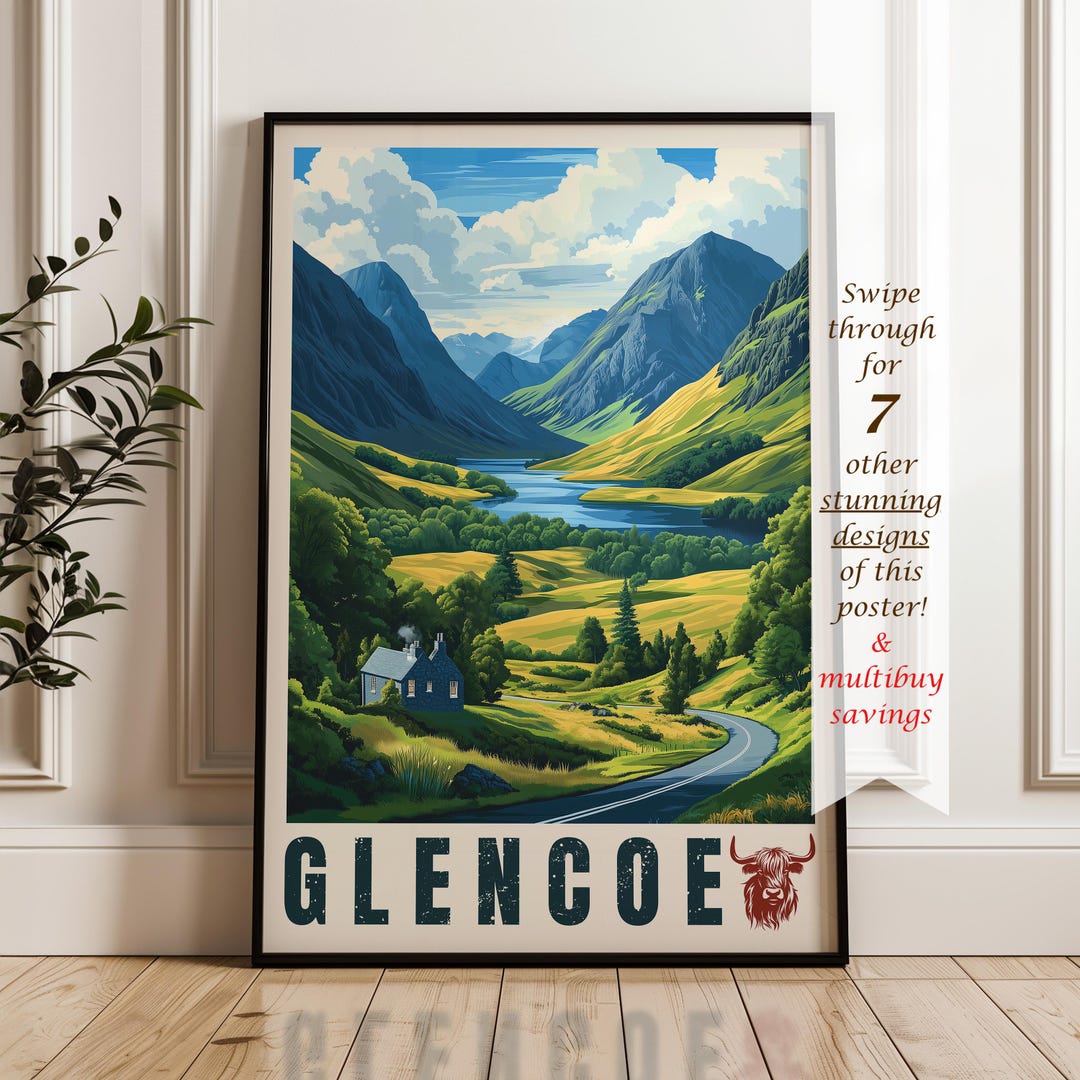 Glencoe Travel Poster Scotland Wall Art Print, United Kingdom ...