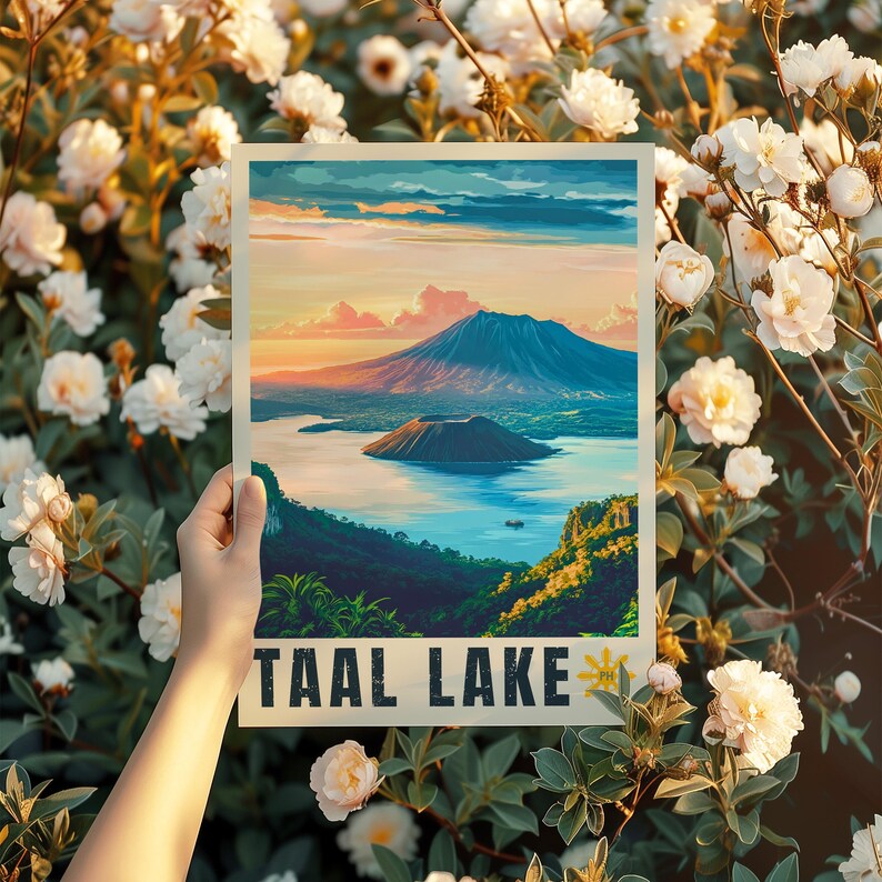 Taal Lake, Tagaytay, Philippines, Volcano Sunset Travel Poster Art ...