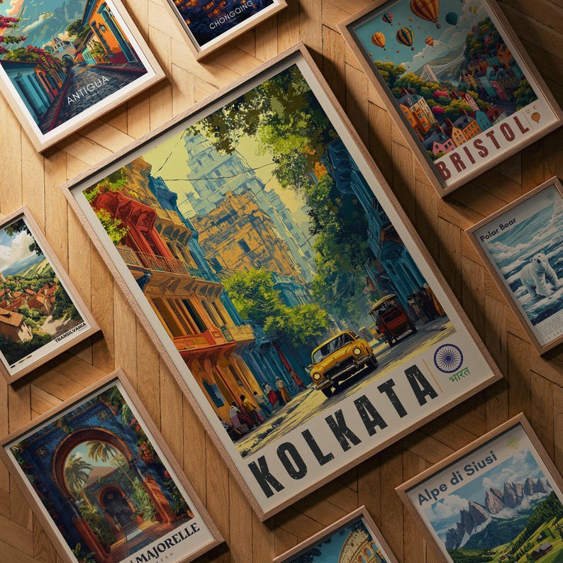Kolkata India Travel Poster: Vintage City Street Art, Yellow Taxi - Etsy