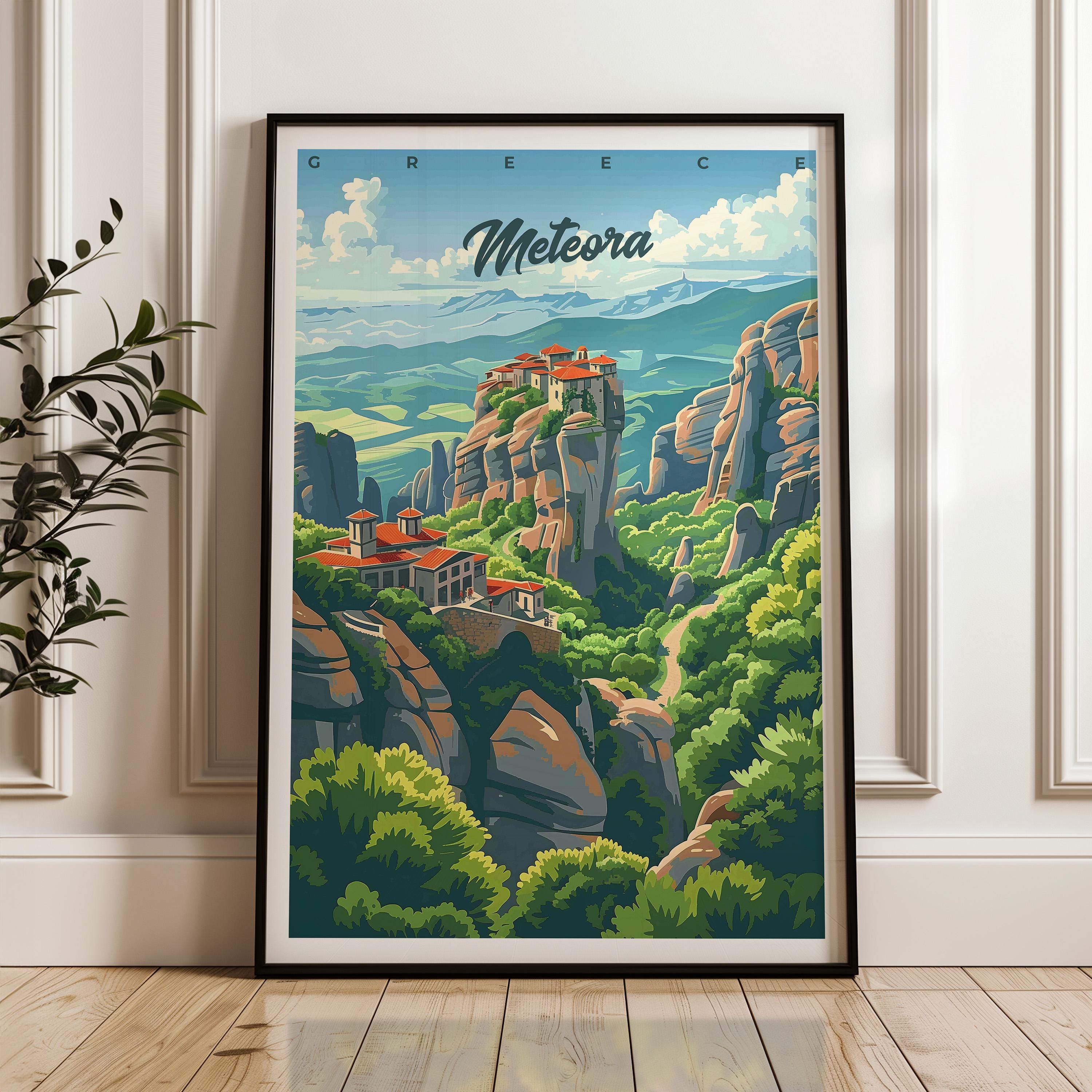 Meteora Travel Poster Greece Wall Art Print, Illustration Poster ...
