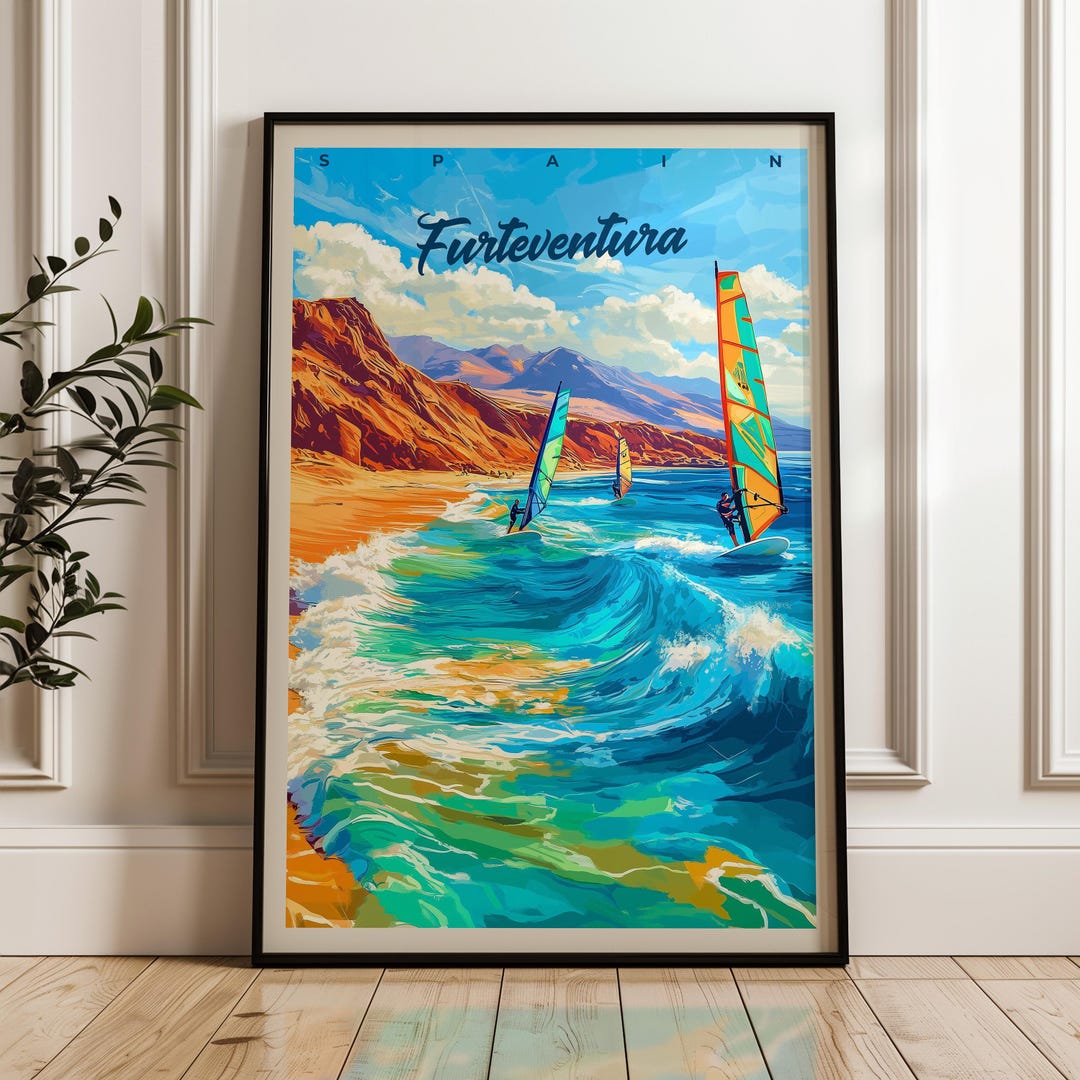 Fuerteventura Travel Poster: Windsurfing Art Print, Canary Islands ...
