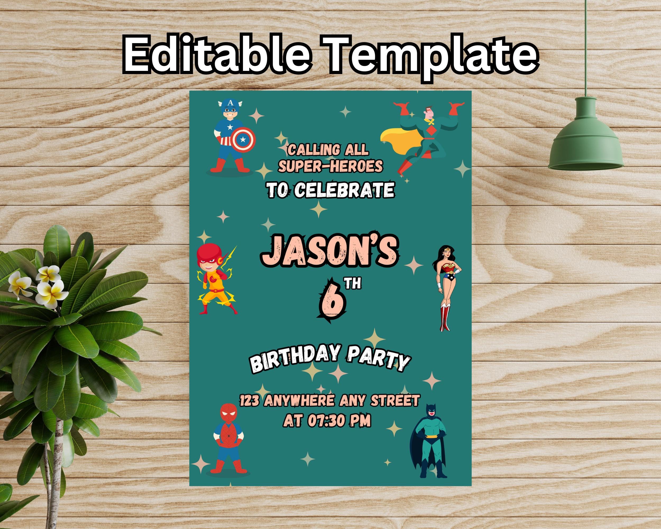 Editable Super Hero Birthday Party Invitation Template / Kids Birthday ...