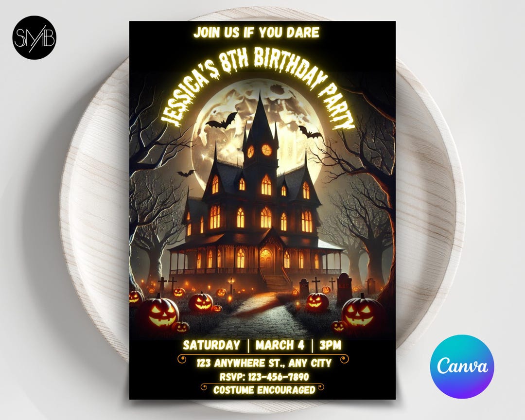 Editable Halloween Haunted House Birthday Party Invitation Template ...
