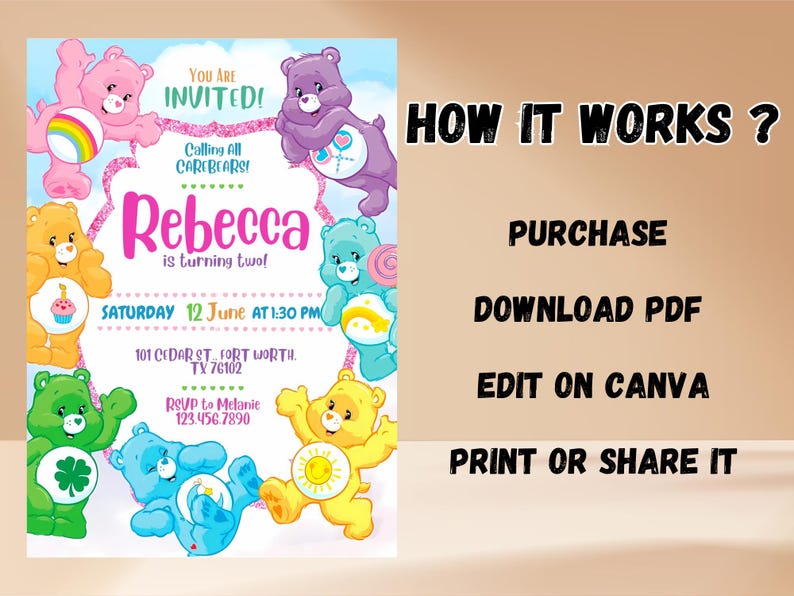 Editable Care Bears Birthday Invitation, Birthday Party Invite, Digital ...